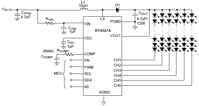 RT4527A - 36V High Efficiency Boost Converter with I2C Controlled 6-CH ...