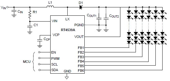 RT4539A - 39V High Efficiency Boost Converter with I2C Controlled 6-CH LED Driver | Richtek ...